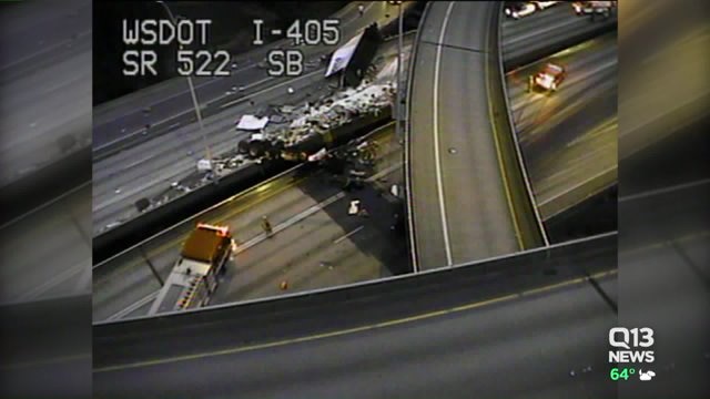 Truck careens off ramp and falls onto I-405 | FOX 13 Seattle