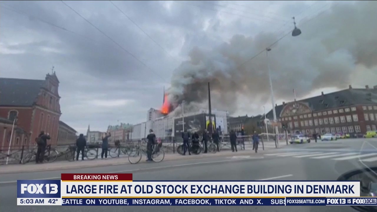 Stock exchange building catches fire in Denmark | FOX 13 Seattle